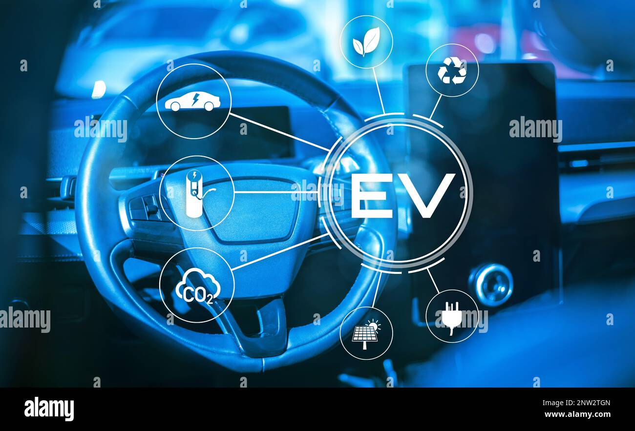 New EV car interior. Display shows charging hybrid battery of electric ...