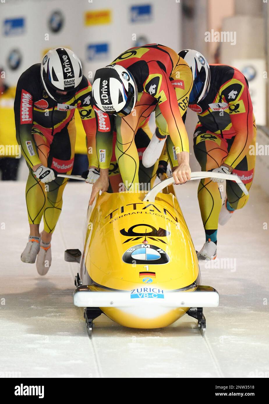 Germany's driver Johannes Lochner and his teammates Florian Bauer, Marc ...