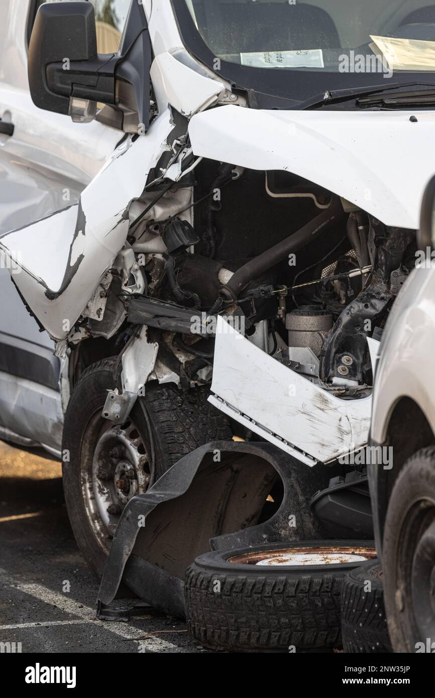 Front of a crashed white van Stock Photo - Alamy