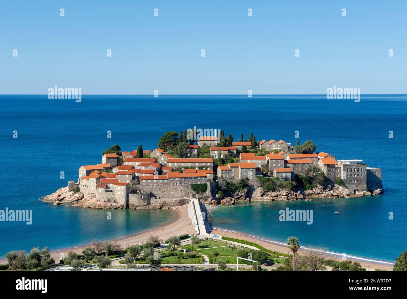 View of Sveti Stefan island, a former fishing village turned into a ...