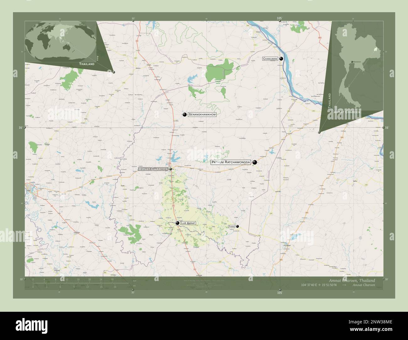 Amnat Charoen, province of Thailand. Open Street Map. Locations and names of major cities of the ...