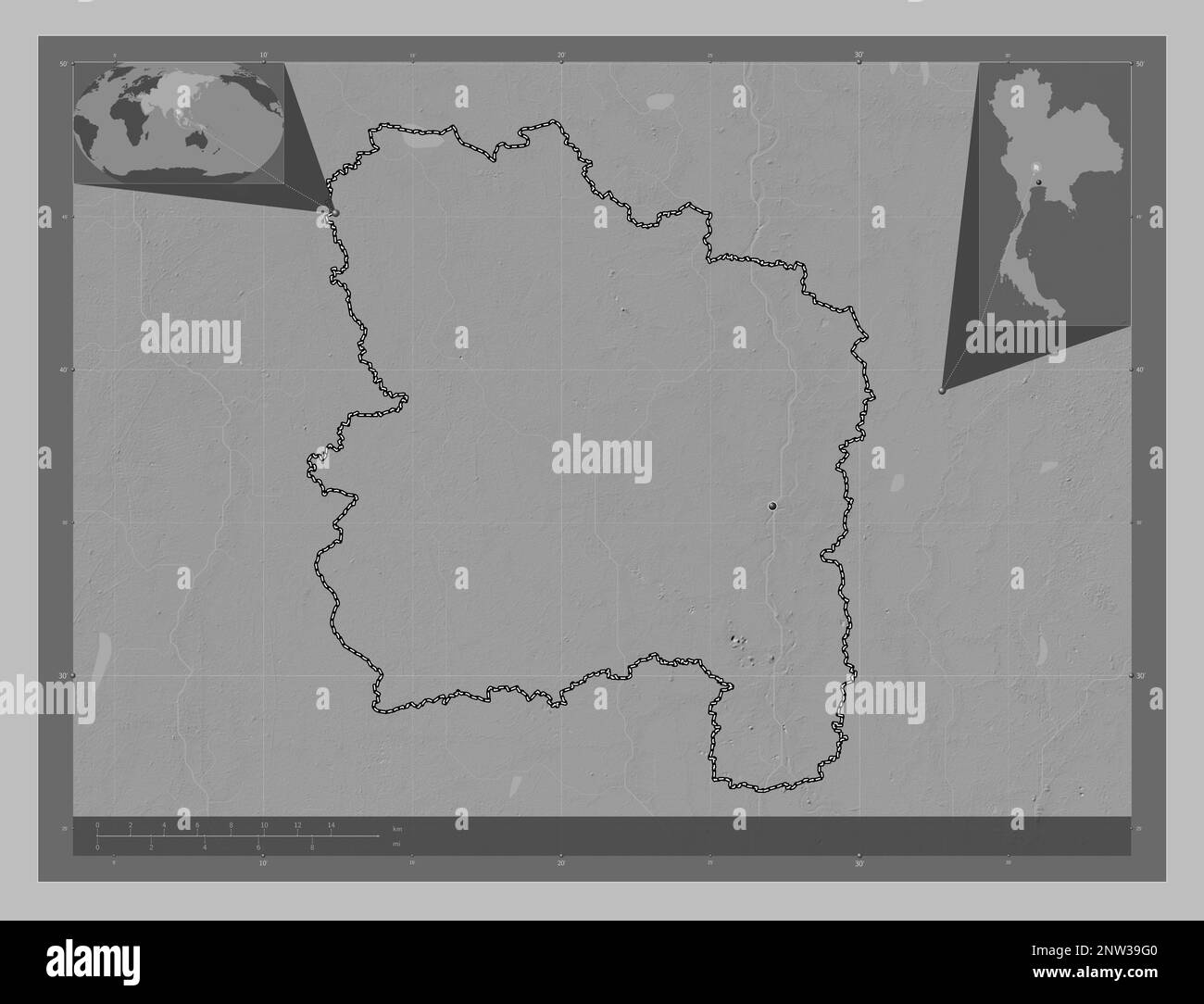 Ang Thong, province of Thailand. Grayscale elevation map with lakes and ...