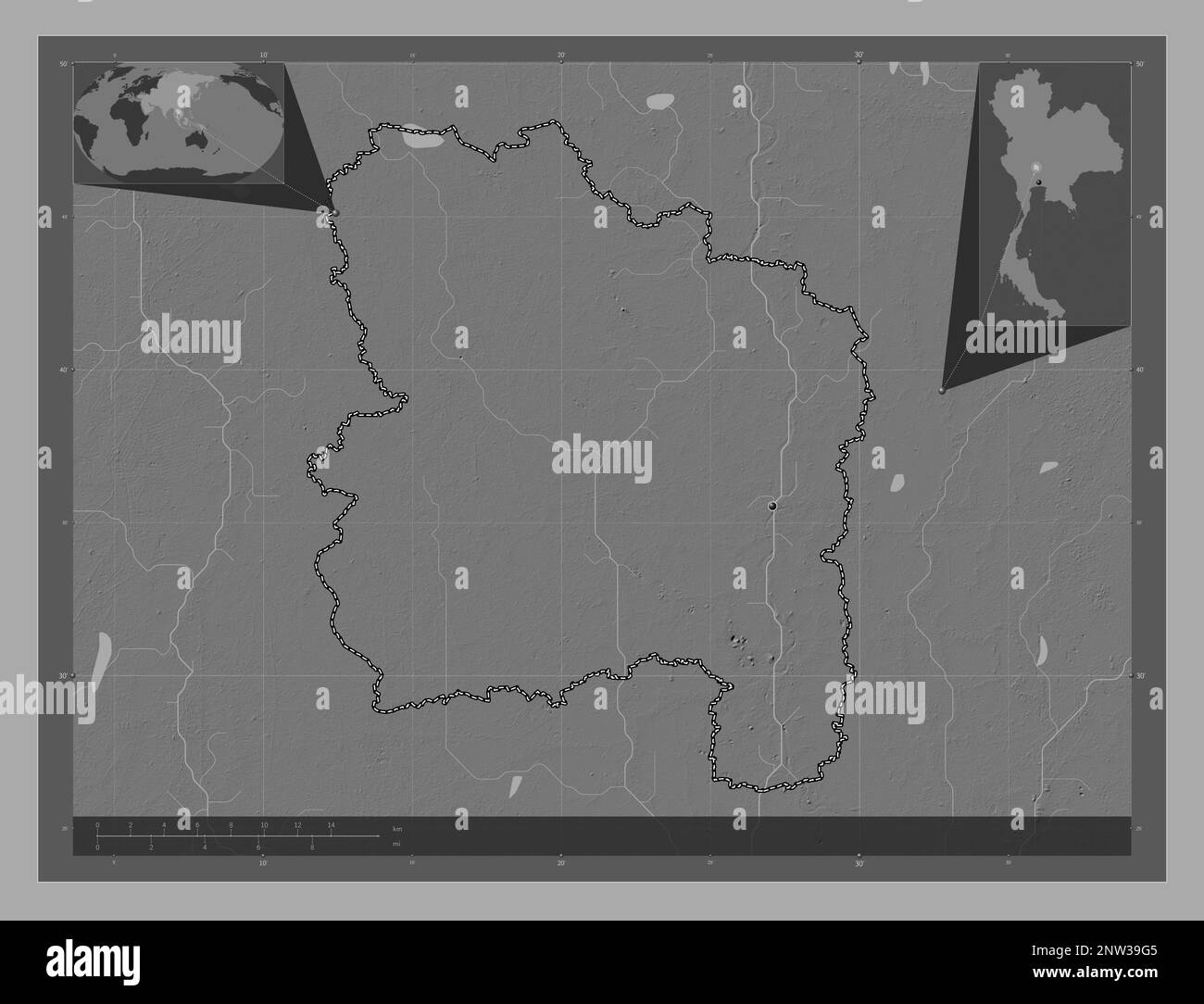 Ang Thong, province of Thailand. Bilevel elevation map with lakes and ...