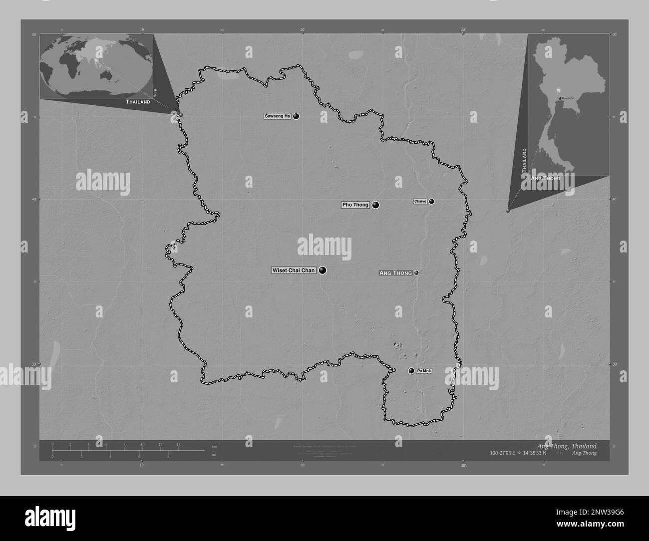 Ang Thong, province of Thailand. Grayscale elevation map with lakes and ...
