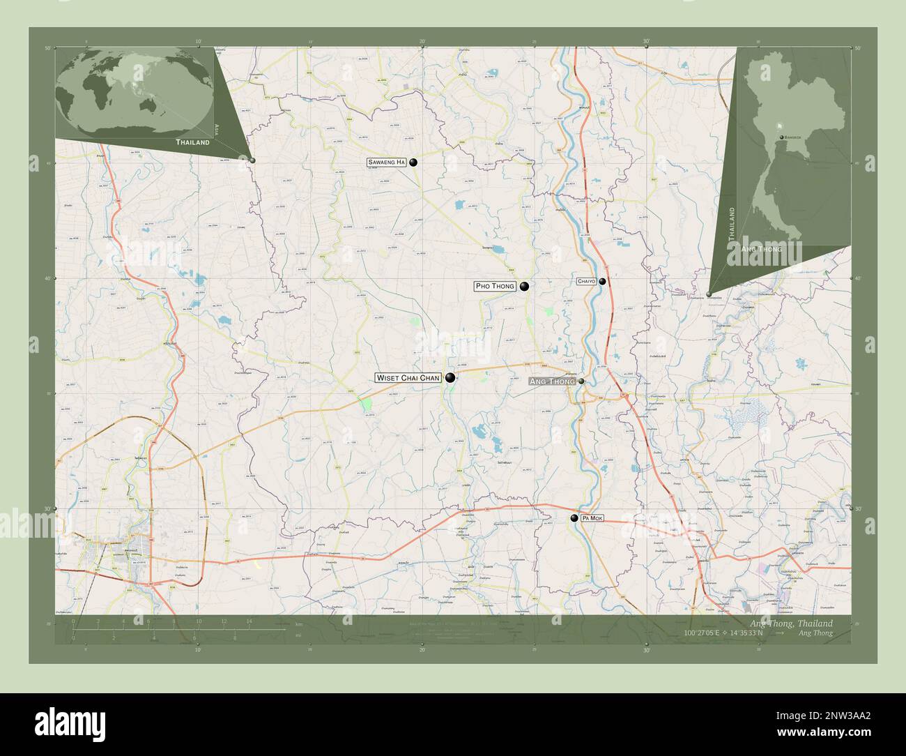 Ang Thong, province of Thailand. Open Street Map. Locations and names ...