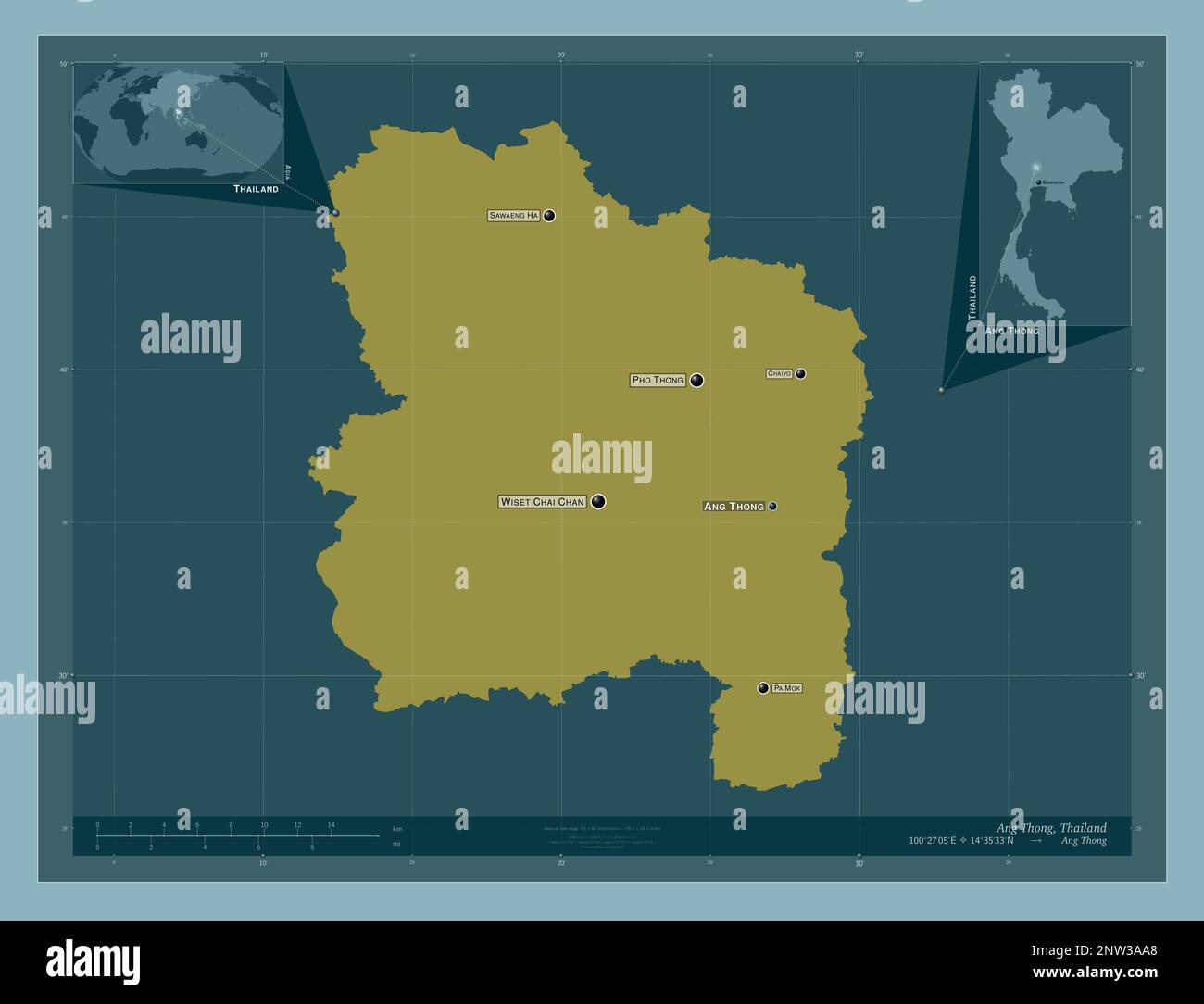 Ang Thong, province of Thailand. Solid color shape. Locations and names ...