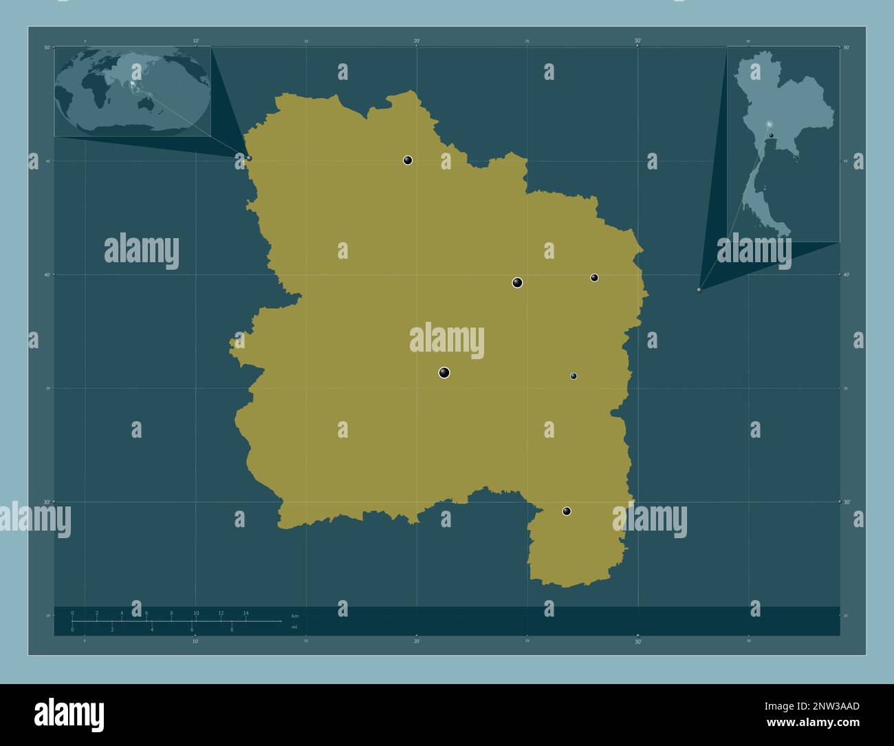 Ang Thong, province of Thailand. Solid color shape. Locations of major ...