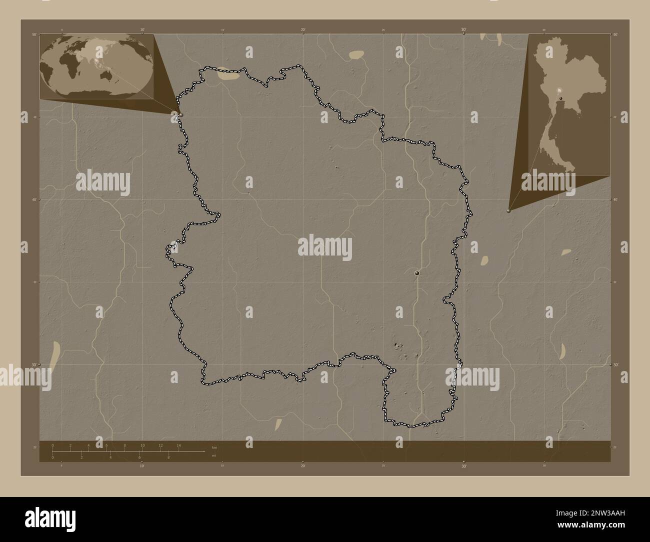 Ang Thong, province of Thailand. Elevation map colored in sepia tones ...