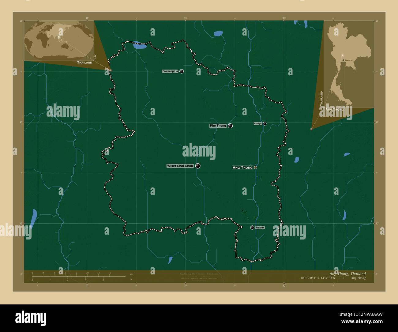 Ang Thong, province of Thailand. Colored elevation map with lakes and ...