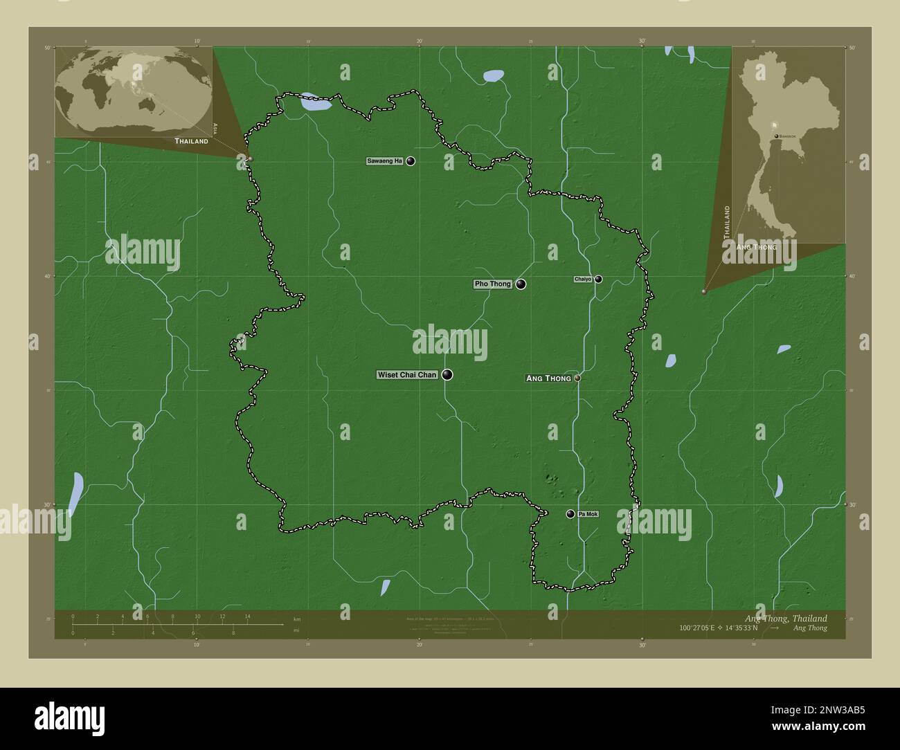 Ang Thong, province of Thailand. Elevation map colored in wiki style ...