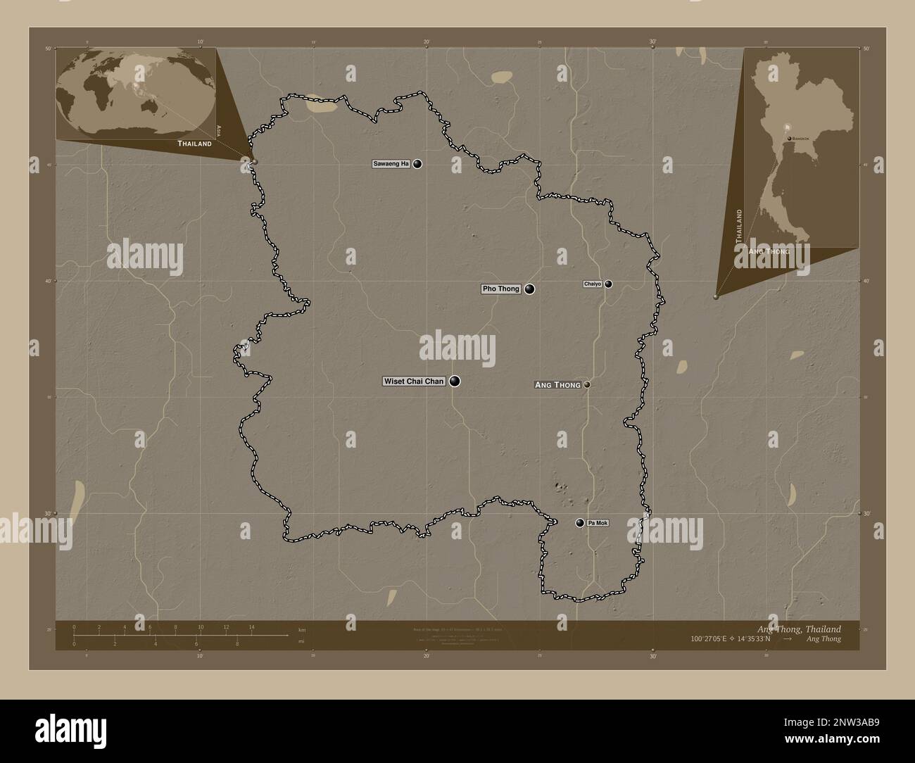 Ang Thong, province of Thailand. Elevation map colored in sepia tones ...
