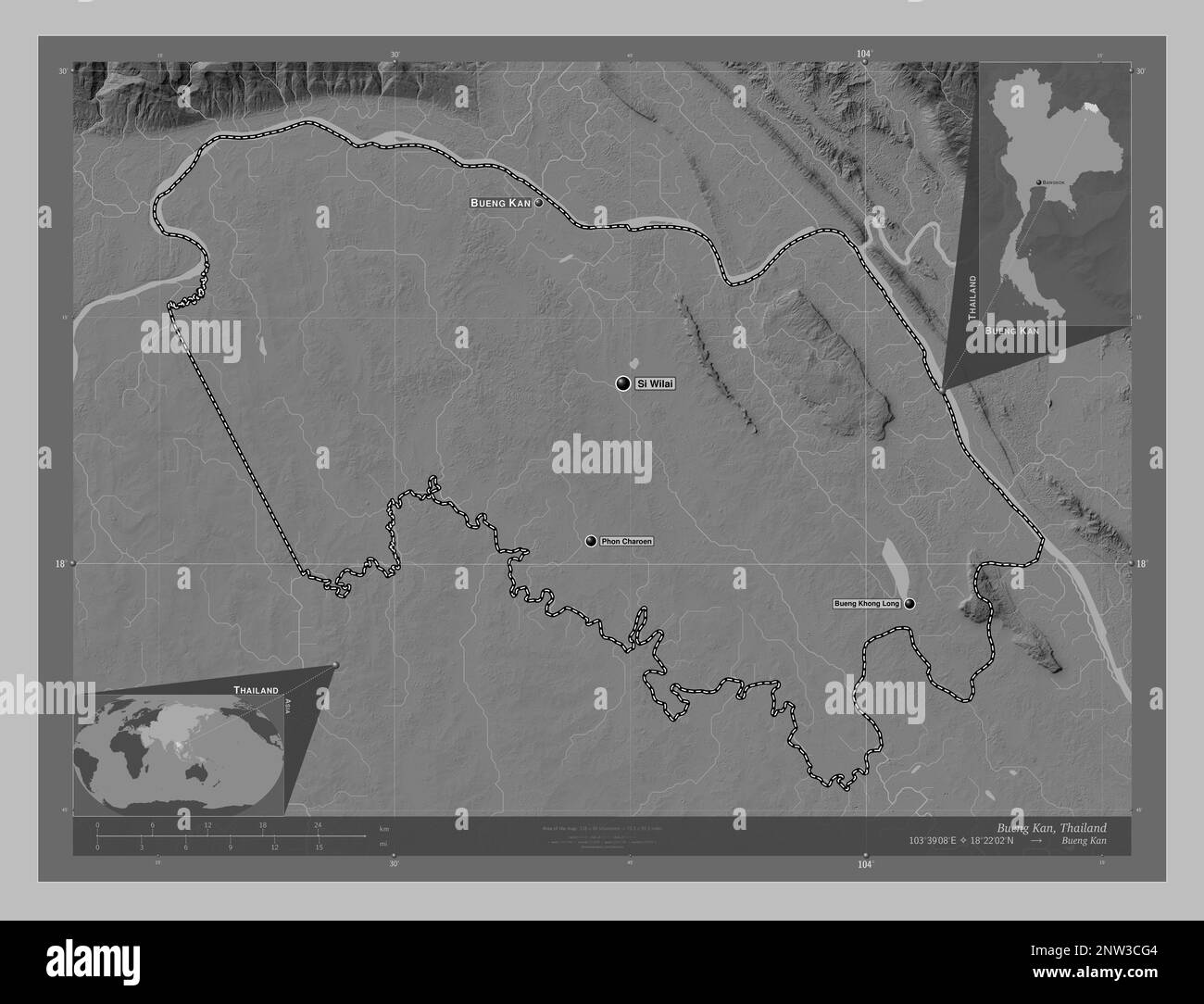 Bueng Kan, province of Thailand. Grayscale elevation map with lakes and ...