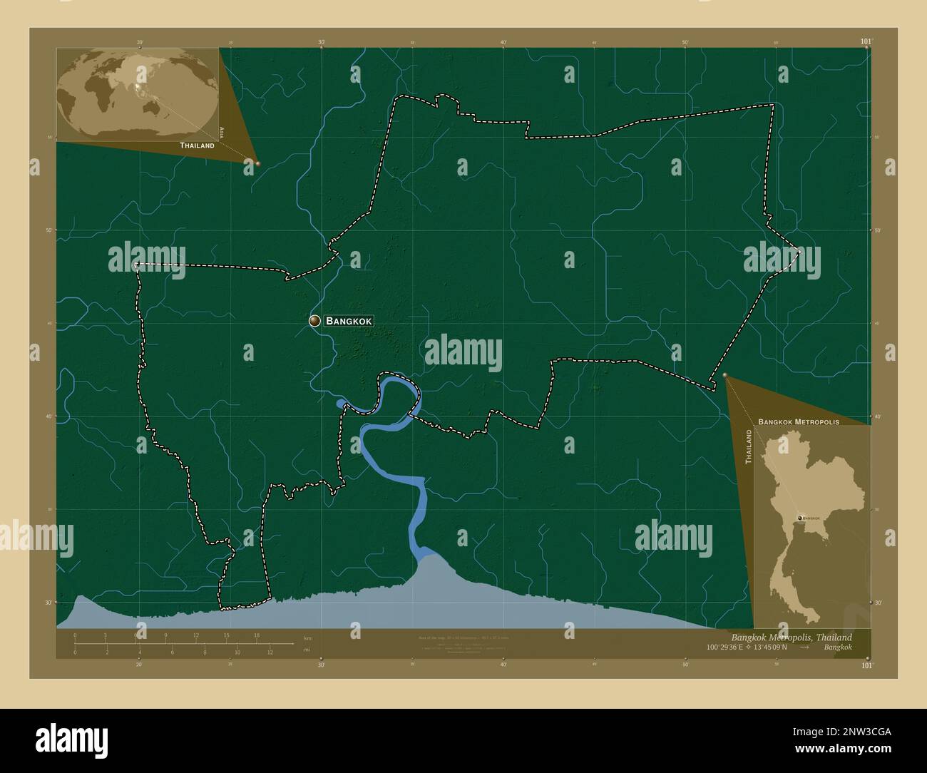 Bangkok Metropolis, province of Thailand. Colored elevation map with ...