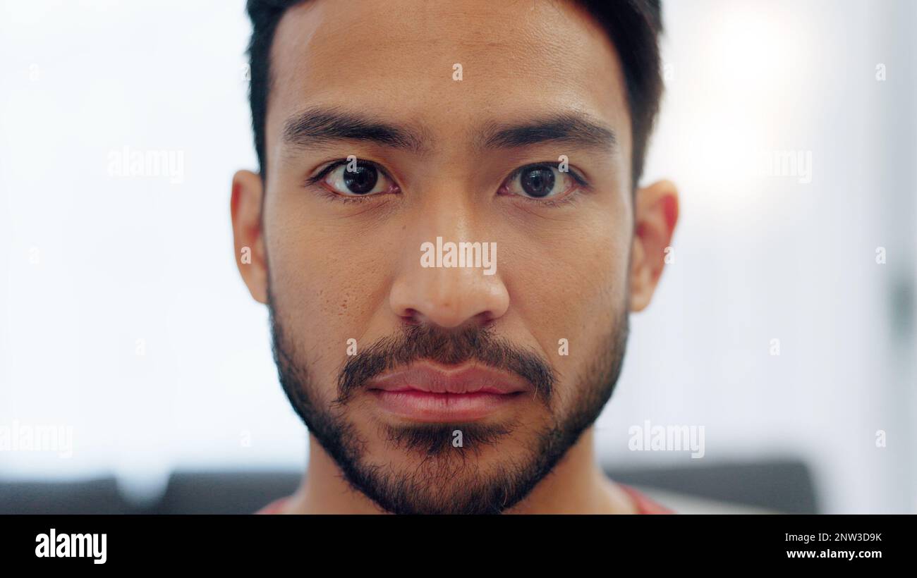 Anxiety man and eyes portrait with thinking face for serious doubts and ...