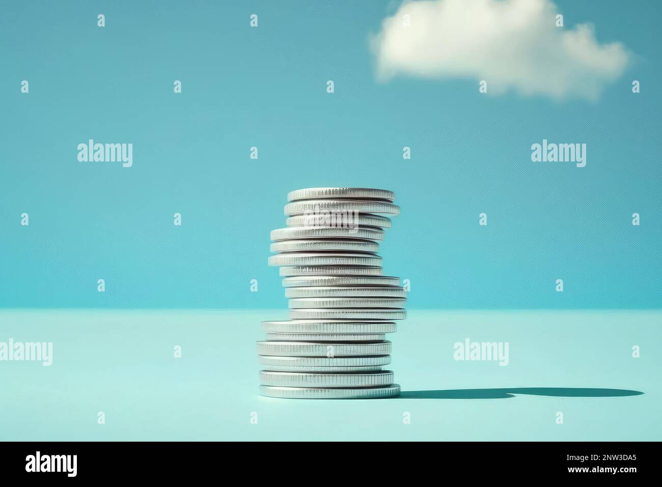 Illustration of silver coin tower on a blue background Stock Photo - Alamy
