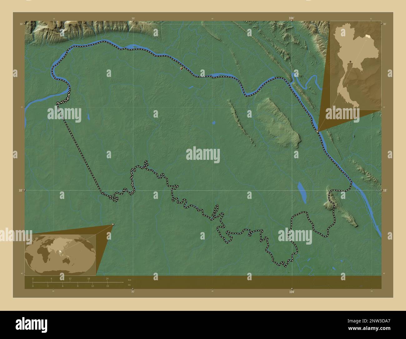 Bueng Kan, province of Thailand. Colored elevation map with lakes and ...
