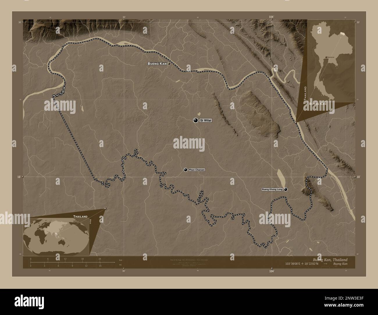 Bueng Kan, province of Thailand. Elevation map colored in sepia tones ...