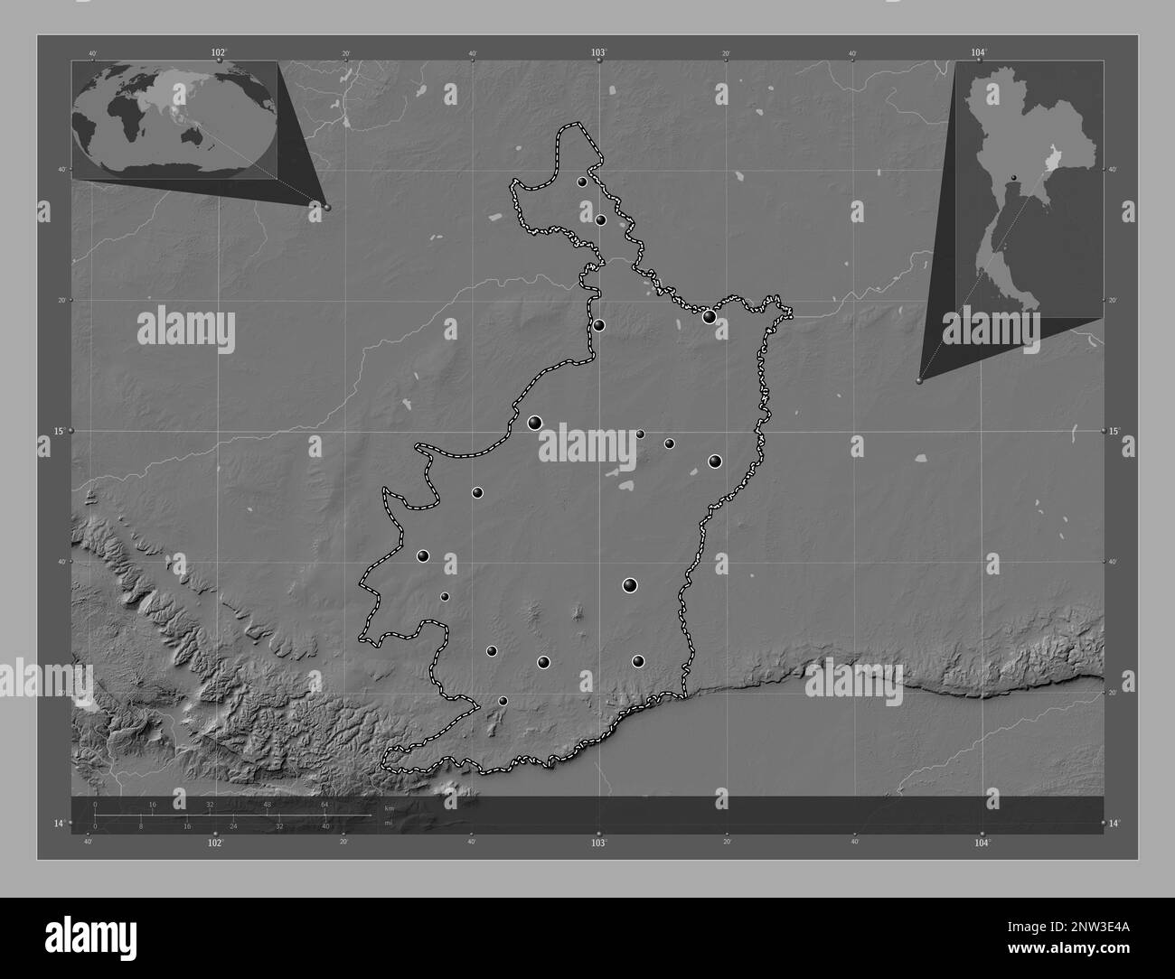 Buri Ram, province of Thailand. Bilevel elevation map with lakes and ...