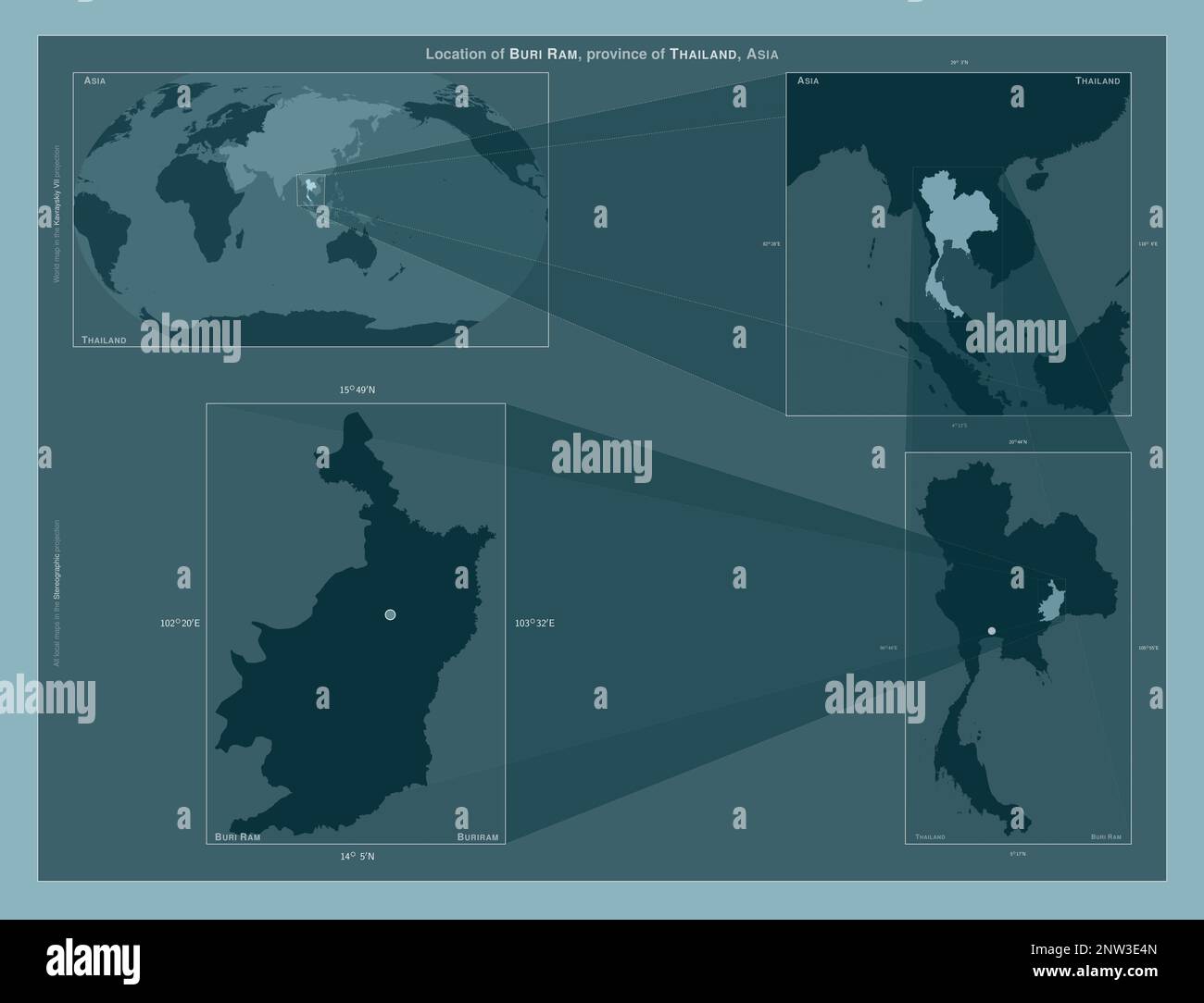 Buri Ram, province of Thailand. Diagram showing the location of the region on larger-scale maps ...