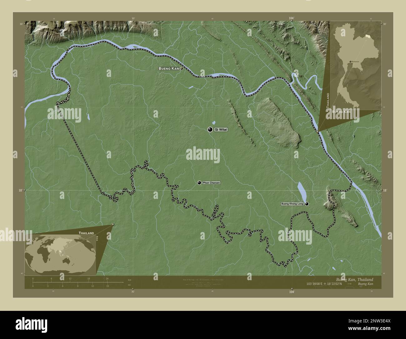 Bueng Kan, province of Thailand. Elevation map colored in wiki style ...