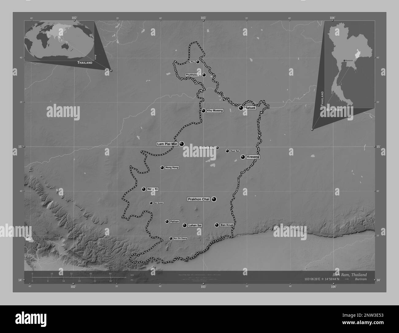 Buri Ram, province of Thailand. Grayscale elevation map with lakes and ...