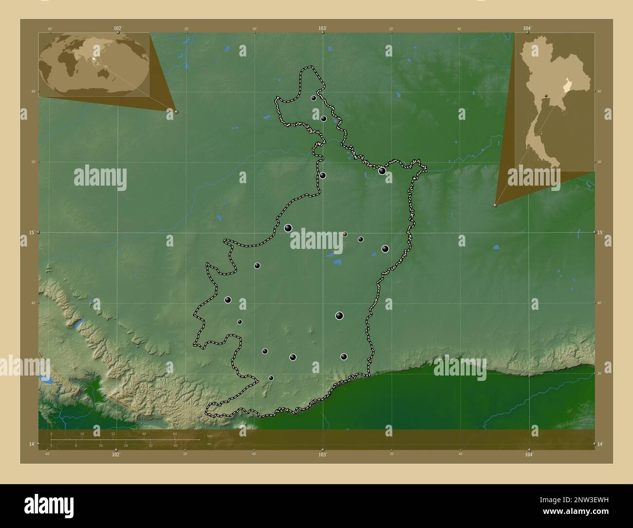 Buri Ram, province of Thailand. Colored elevation map with lakes and ...