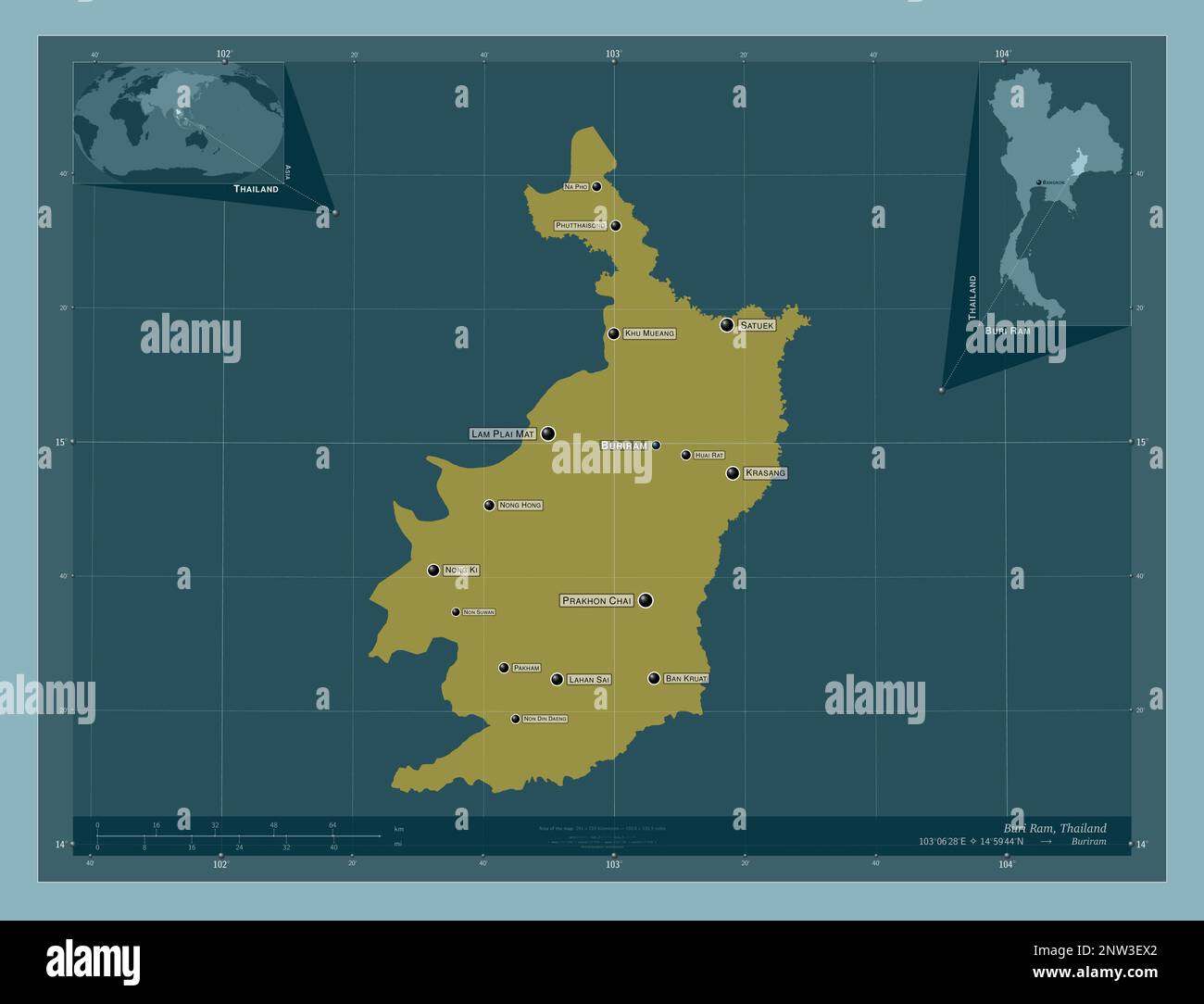 Buri Ram, province of Thailand. Solid color shape. Locations and names ...