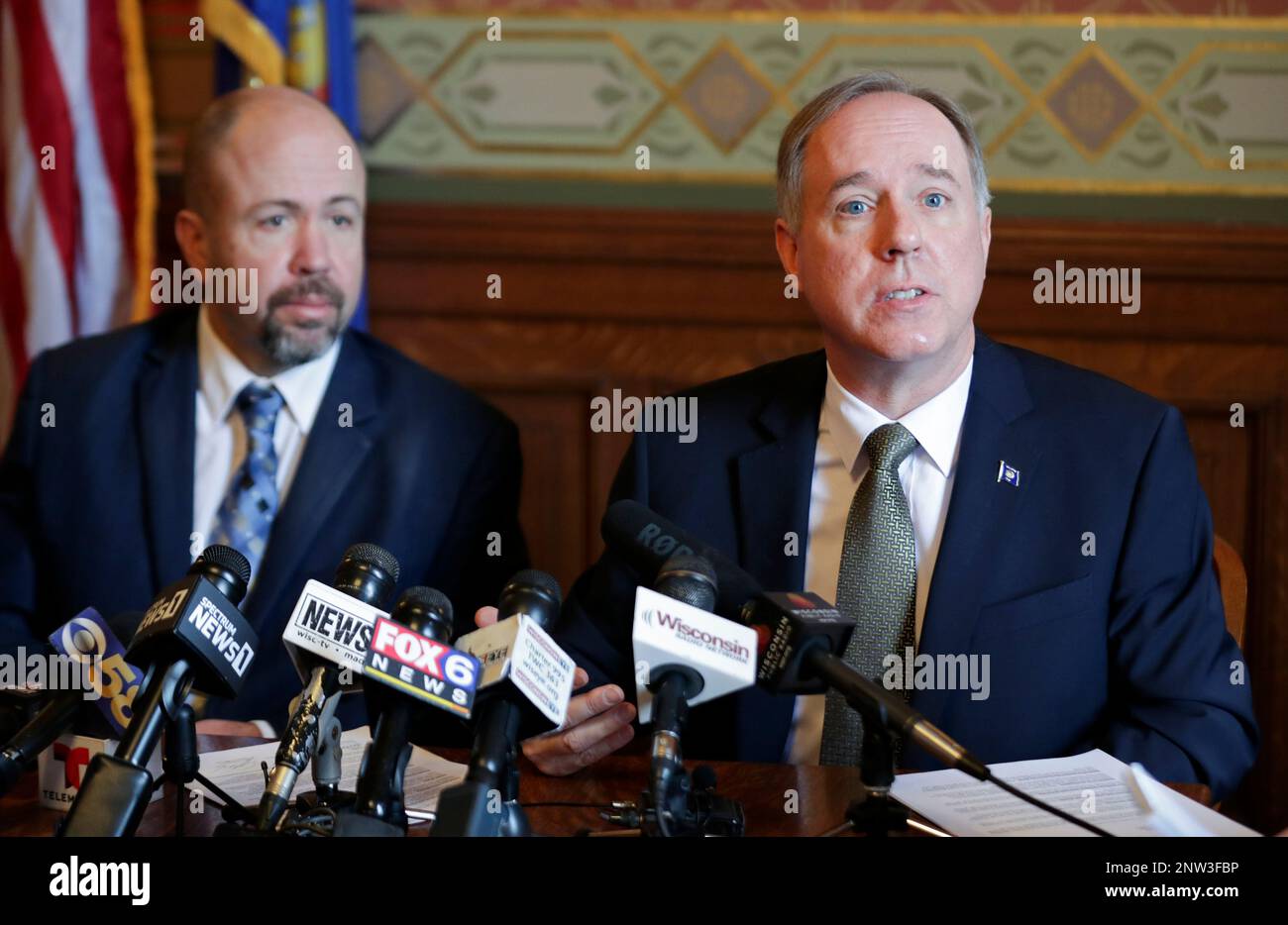Wisconsin Assembly Speaker Robin Vos, right, held a press conference ...