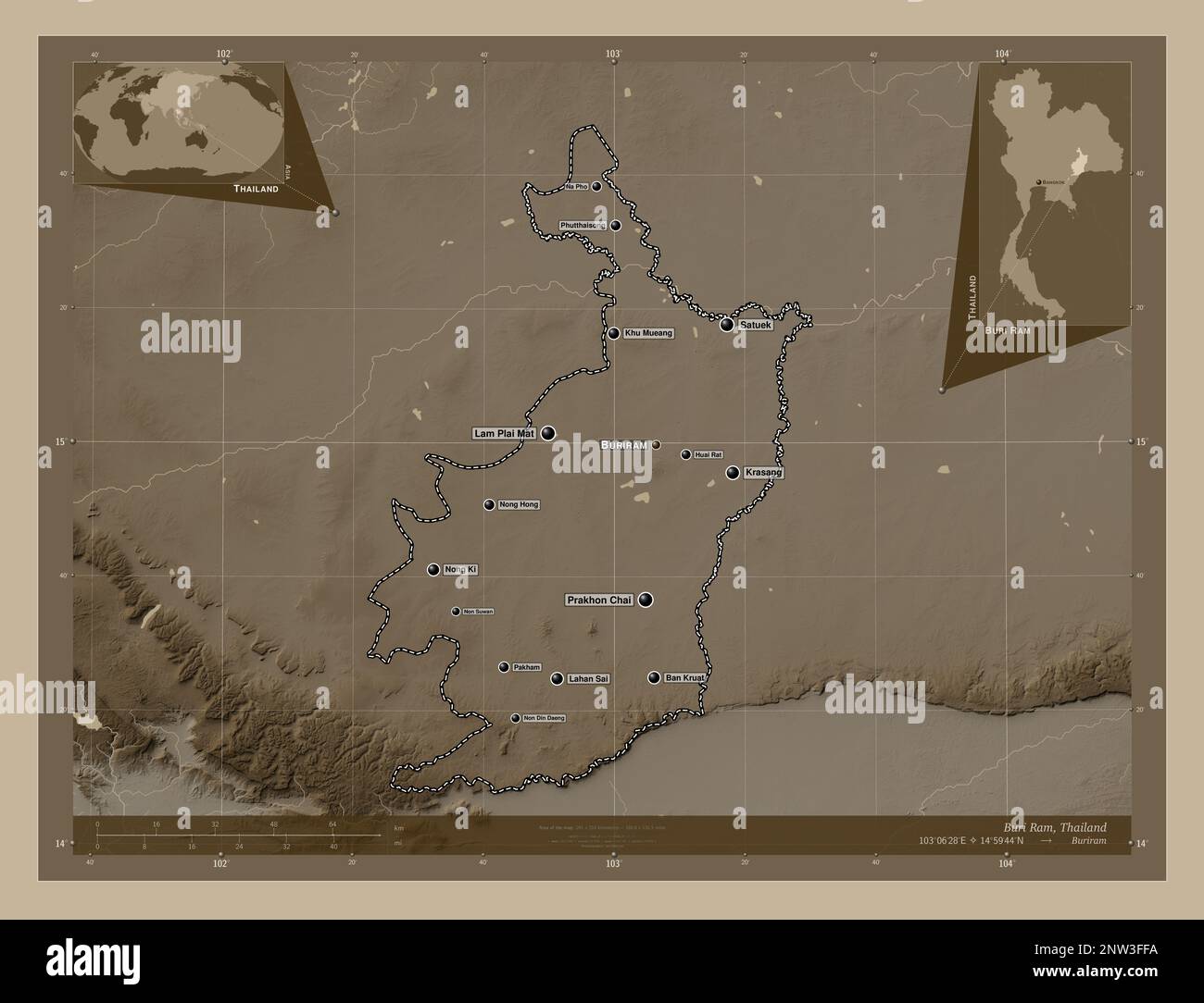 Buri Ram, province of Thailand. Elevation map colored in sepia tones ...