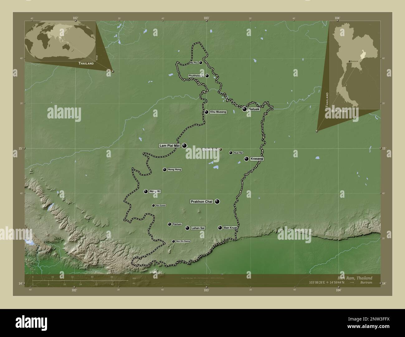 Buri Ram, province of Thailand. Elevation map colored in wiki style ...