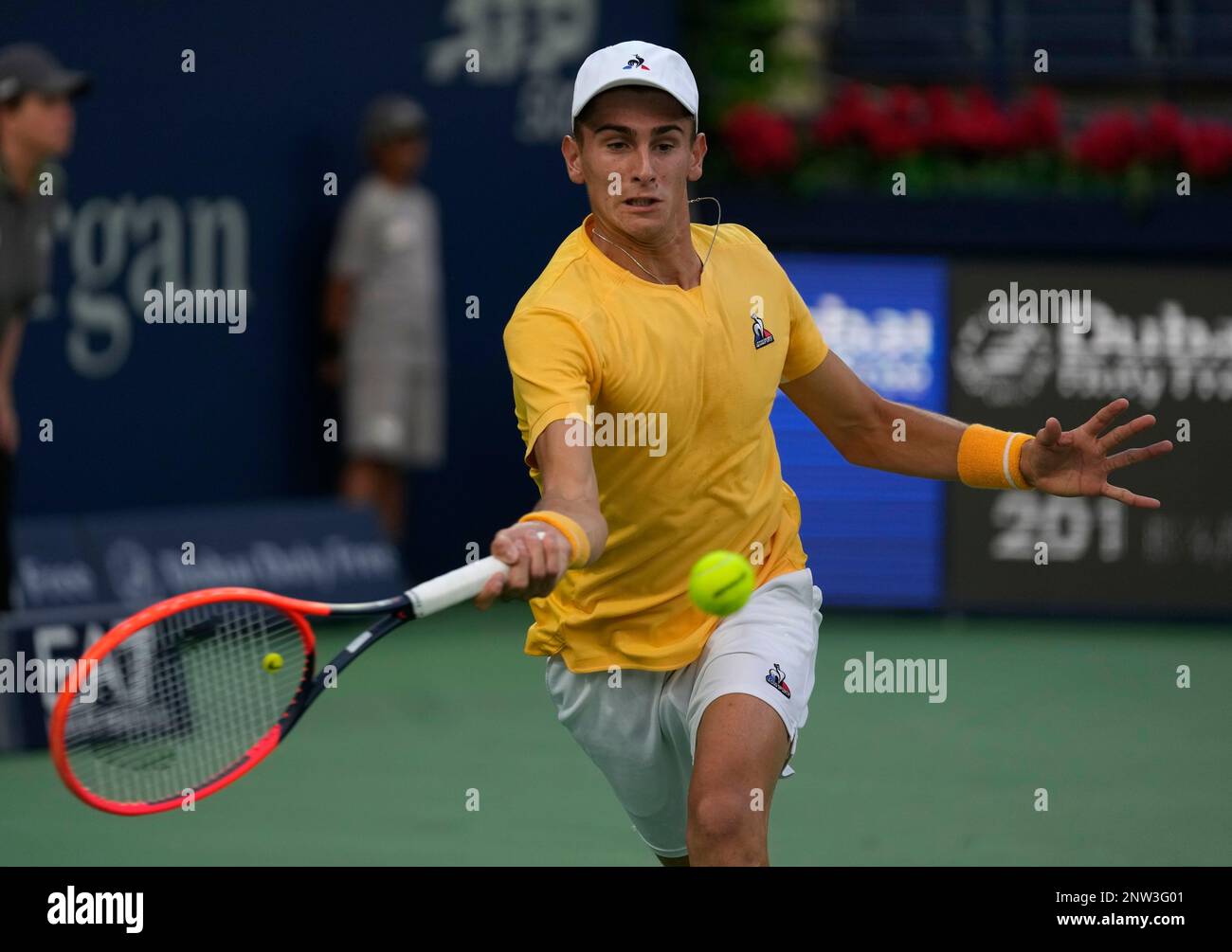 Italy's Matteo Arnaldi returns the ball to Daniil Medvedev during a match of the Dubai Duty Free ...