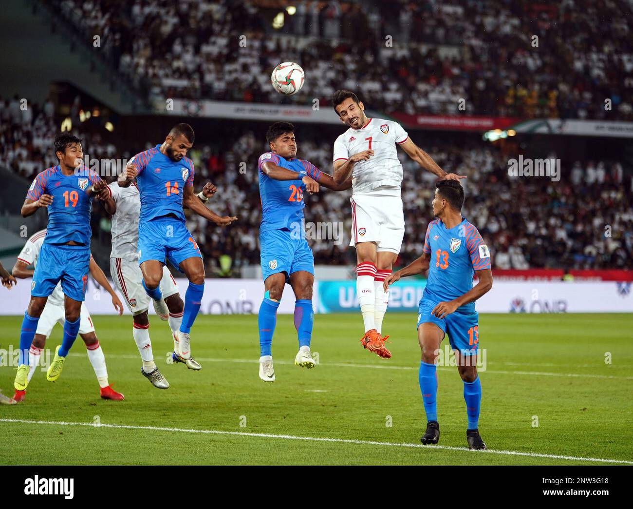 January 10, 2019 : Ali Mabkhout of United Arab Emiratesheading on goal ...