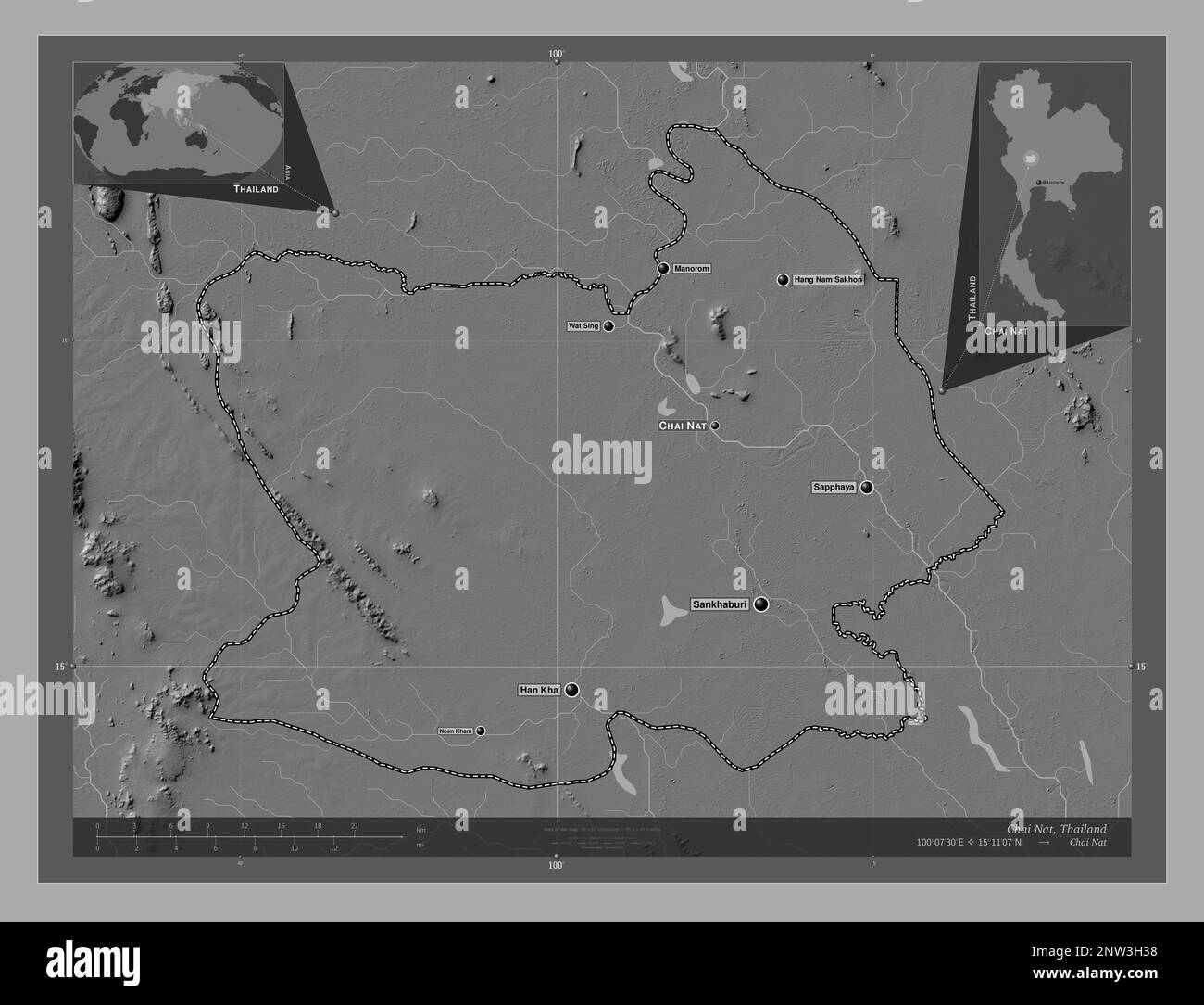 Chai Nat, province of Thailand. Bilevel elevation map with lakes and ...