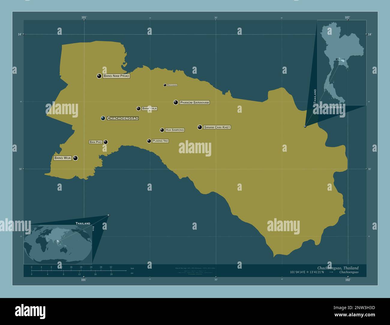 Chachoengsao, province of Thailand. Solid color shape. Locations and ...