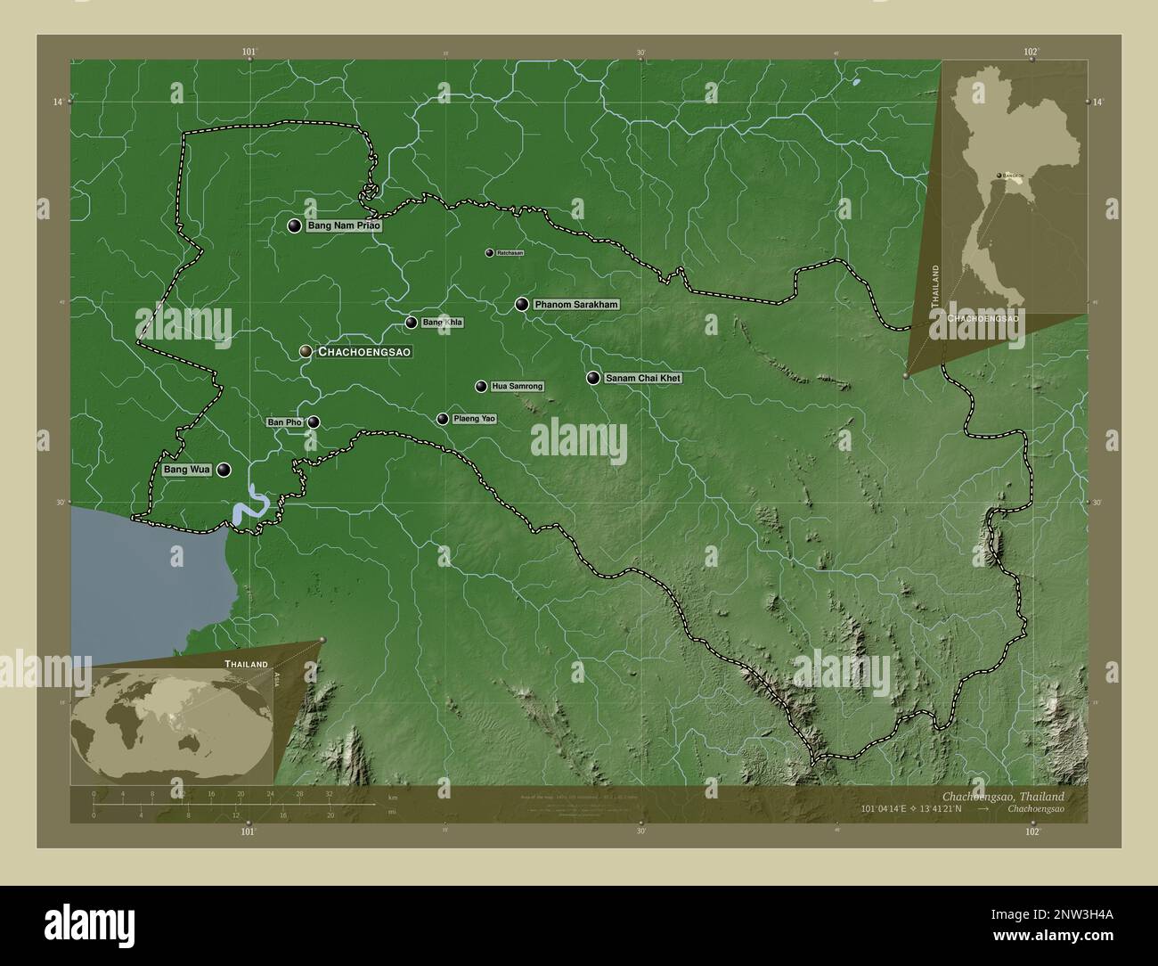 Chachoengsao, province of Thailand. Elevation map colored in wiki style ...