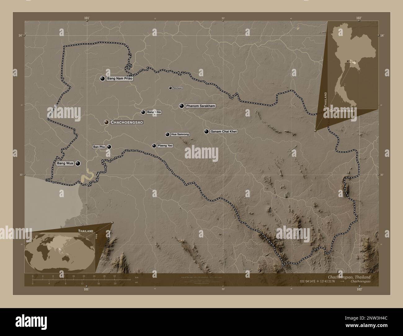 Chachoengsao, province of Thailand. Elevation map colored in sepia ...