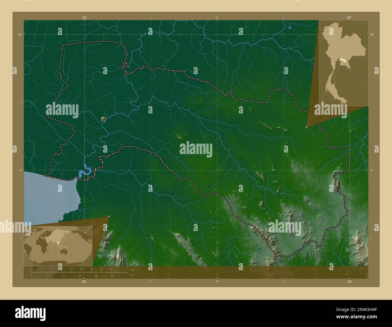 Chachoengsao, province of Thailand. Colored elevation map with lakes ...