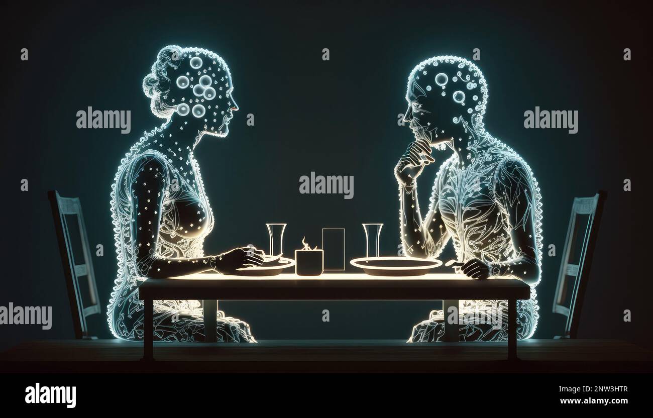 Neon Silhouette of humans sitting down by the table having a meal ...