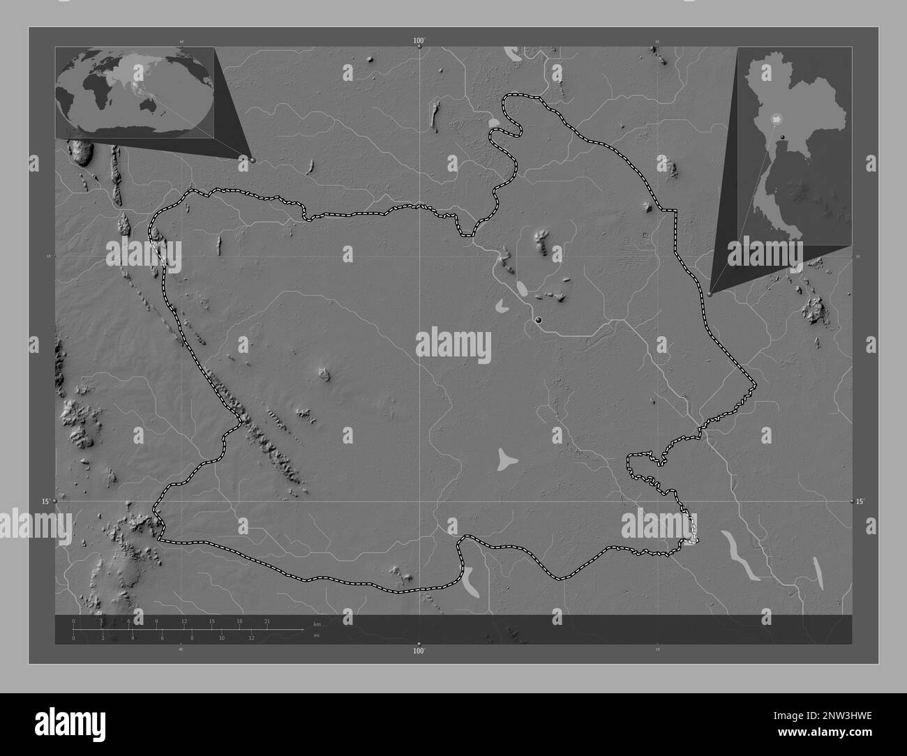 Chai Nat, province of Thailand. Bilevel elevation map with lakes and ...