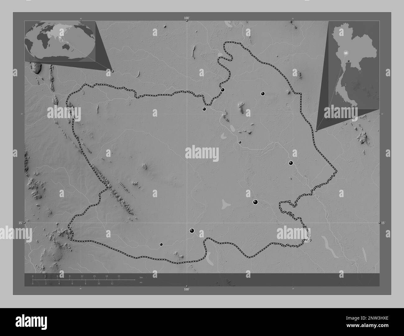Chai Nat, province of Thailand. Grayscale elevation map with lakes and ...