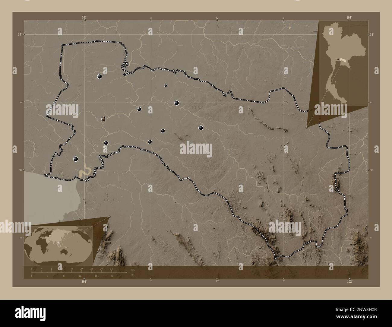 Chachoengsao, province of Thailand. Elevation map colored in sepia ...