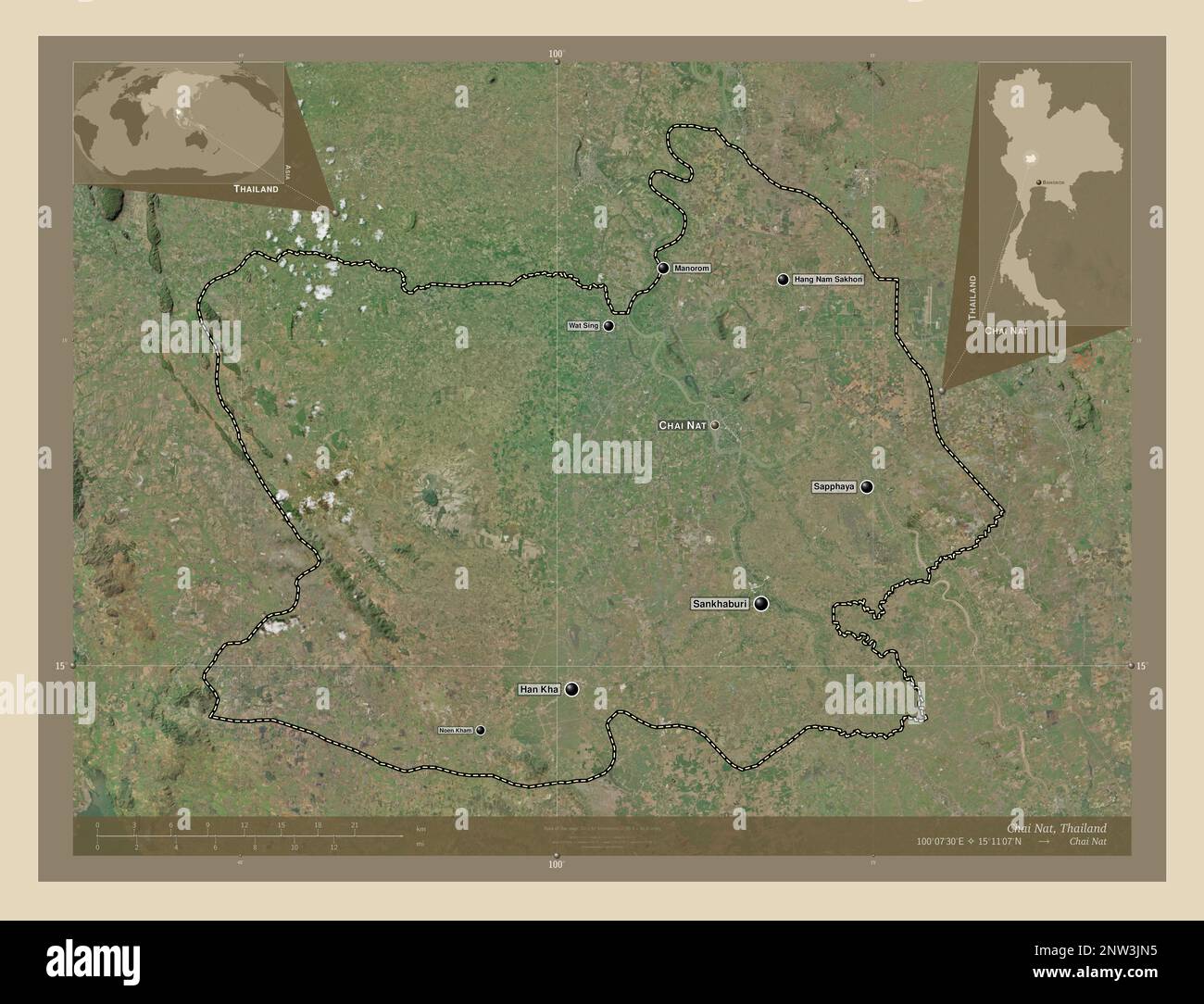 Chai Nat, province of Thailand. High resolution satellite map. Locations and names of major ...