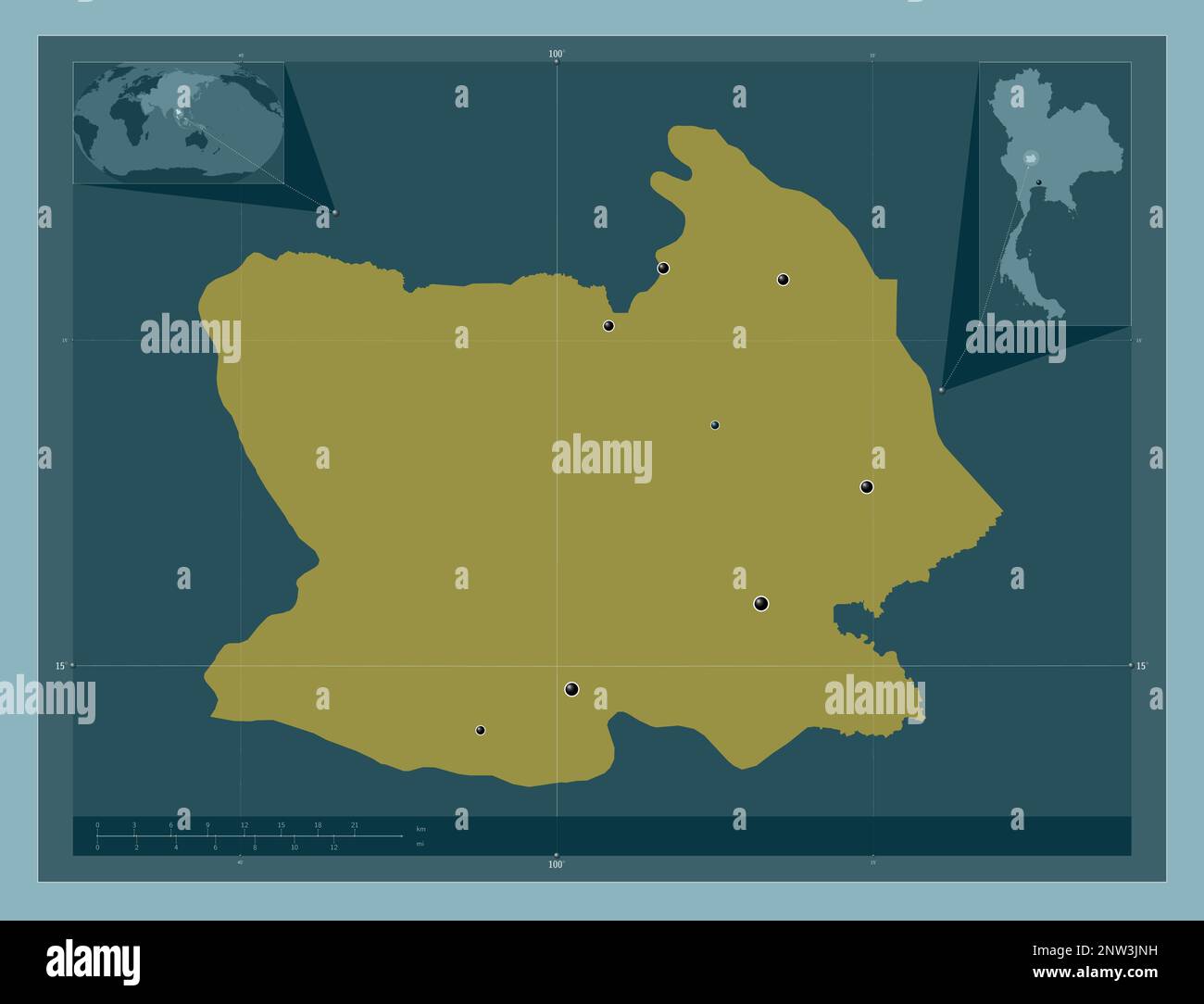 Chai Nat, province of Thailand. Solid color shape. Locations of major ...