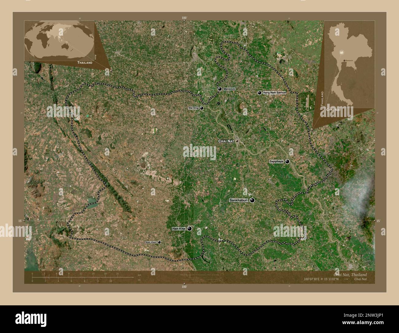 Chai Nat, province of Thailand. Low resolution satellite map. Locations ...