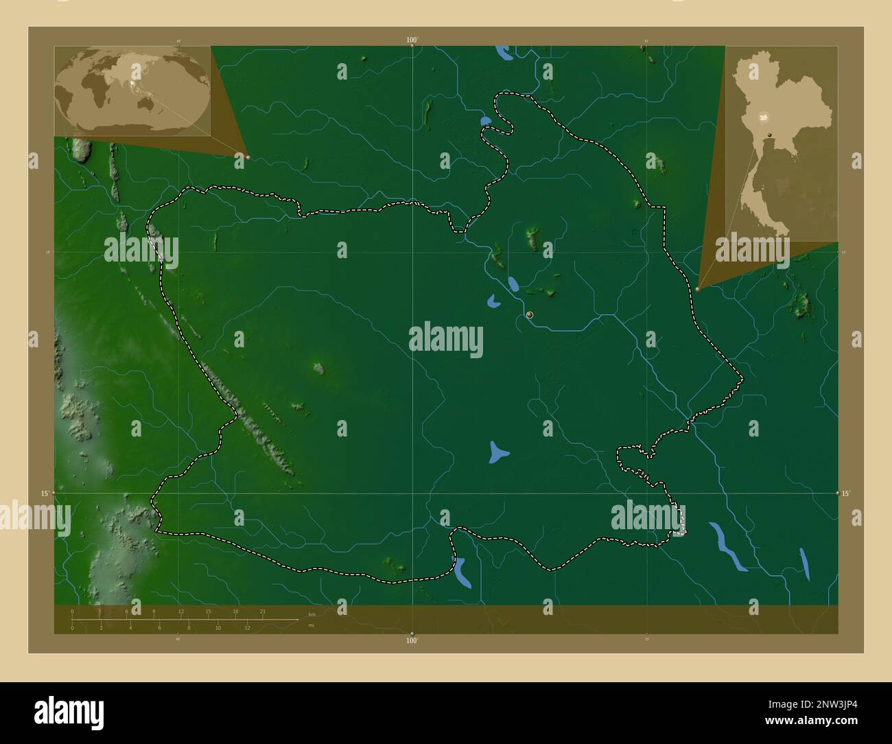 Chai Nat, province of Thailand. Colored elevation map with lakes and ...