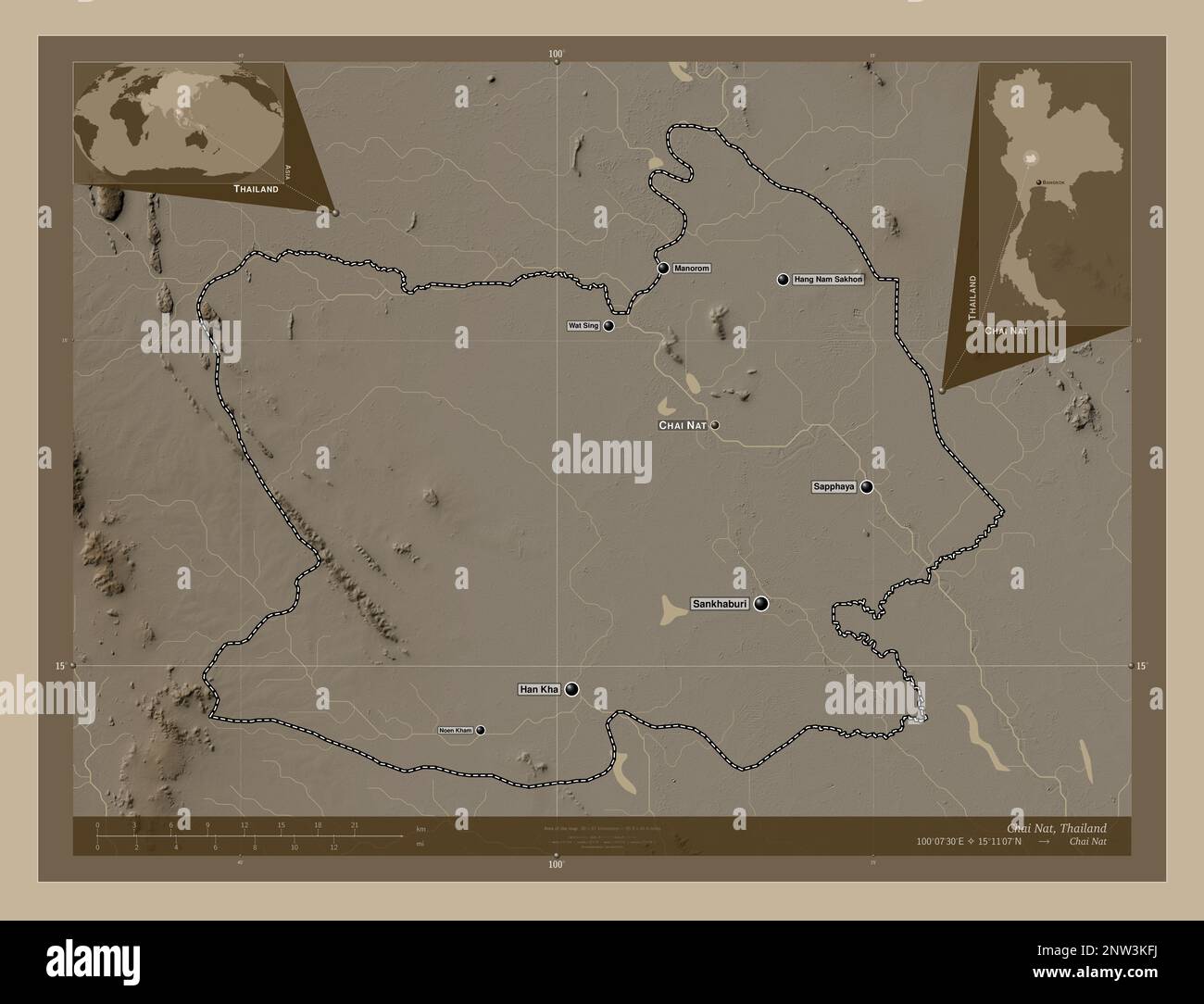 Chai Nat, province of Thailand. Elevation map colored in sepia tones ...