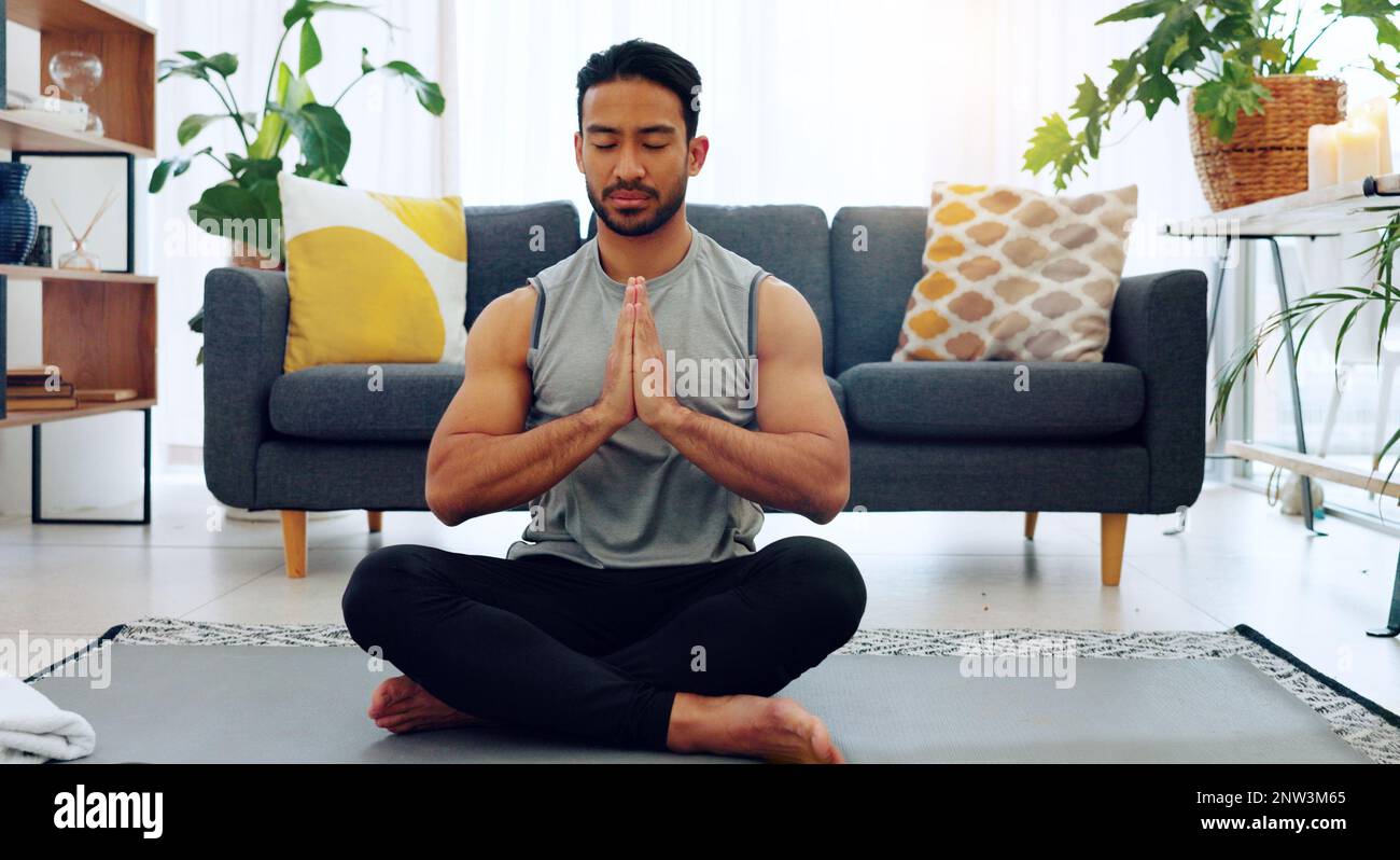 Yoga, namaste man and living room exercise for zen meditation and ...