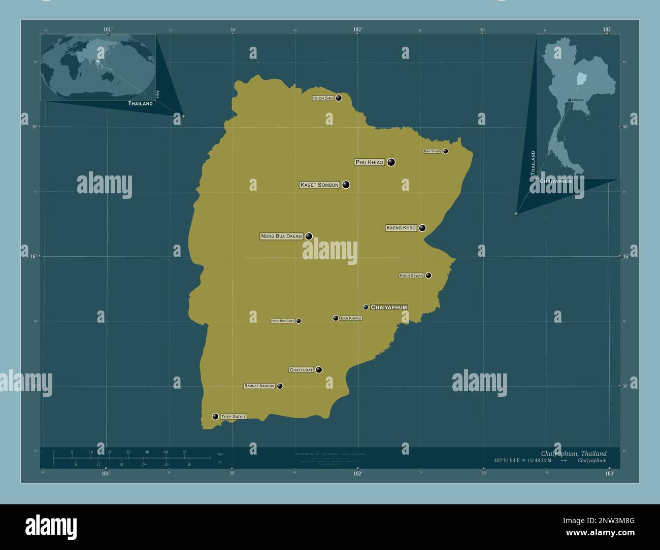 Chaiyaphum, province of Thailand. Solid color shape. Locations and ...