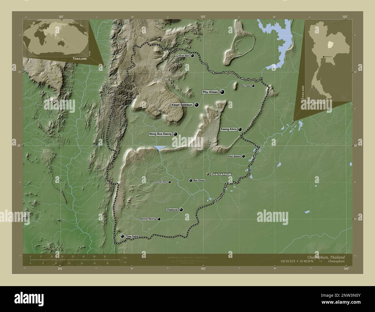 Chaiyaphum, province of Thailand. Elevation map colored in wiki style ...