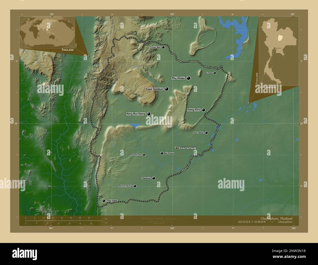Chaiyaphum, province of Thailand. Colored elevation map with lakes and ...